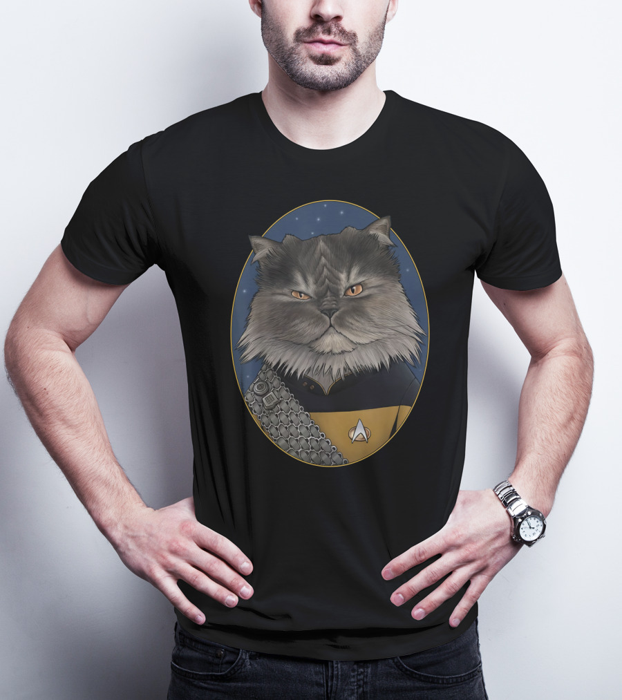 Star Trek Worf Cat In Starfleet Uniform With Klingon Sash And Emblem T-Shirt