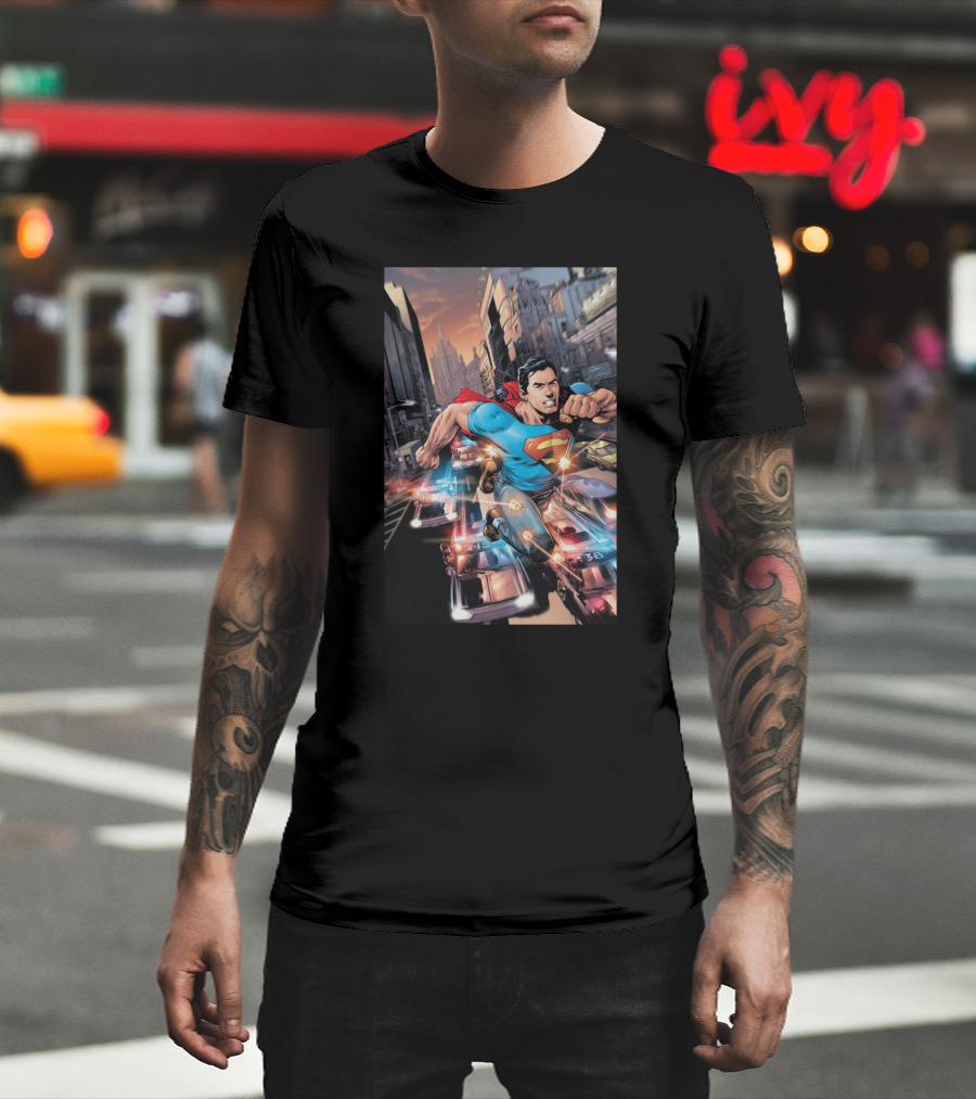 DC Comics Superman Flying Through Urban City With Police Cars T-Shirt