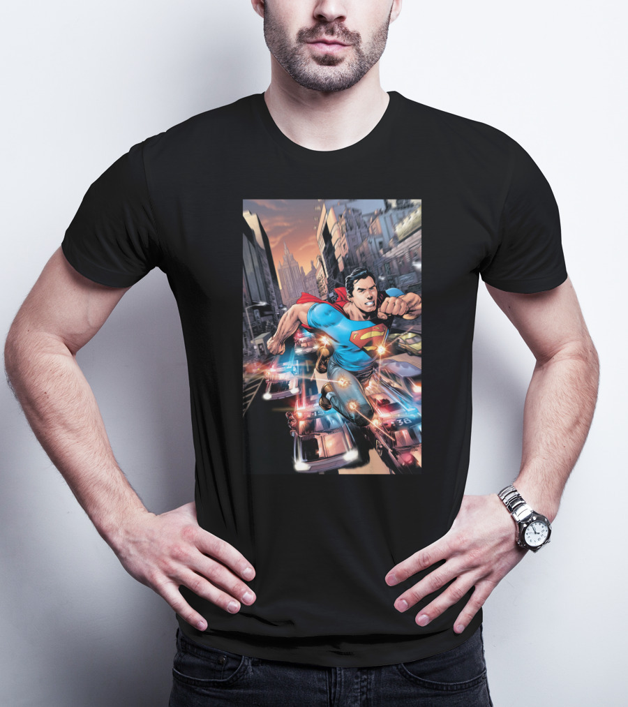 DC Comics Superman Flying Through Urban City With Police Cars T-Shirt