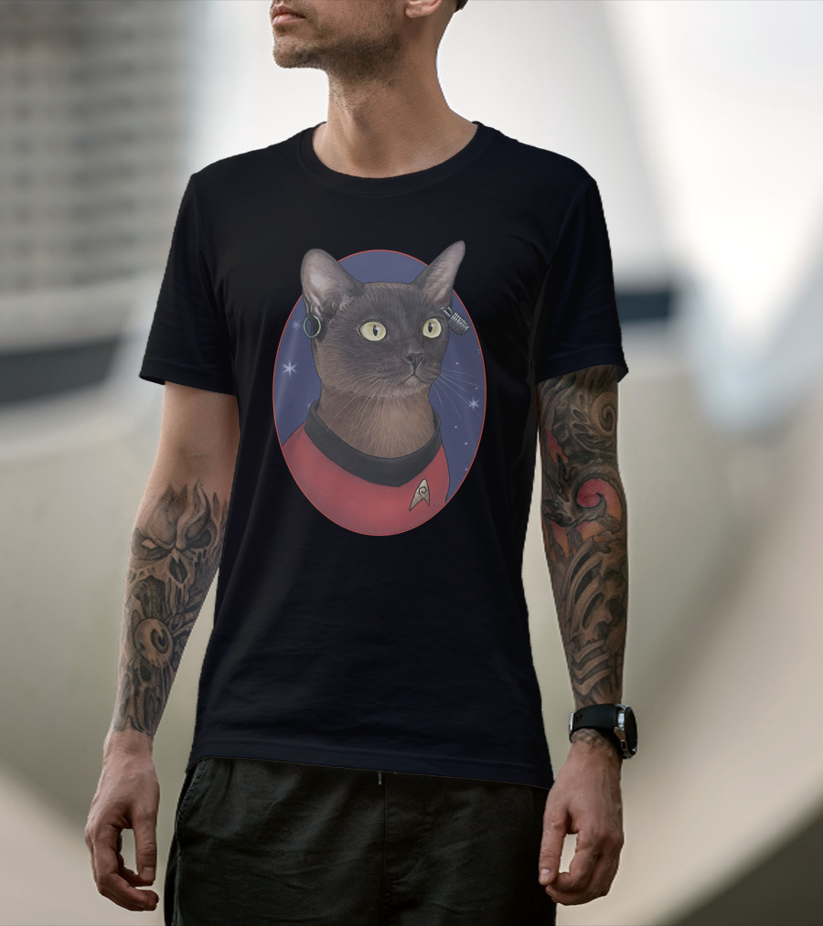Star Trek Uhura Cat Badge In Space Oval With Earrings And Red Uniform T-Shirt