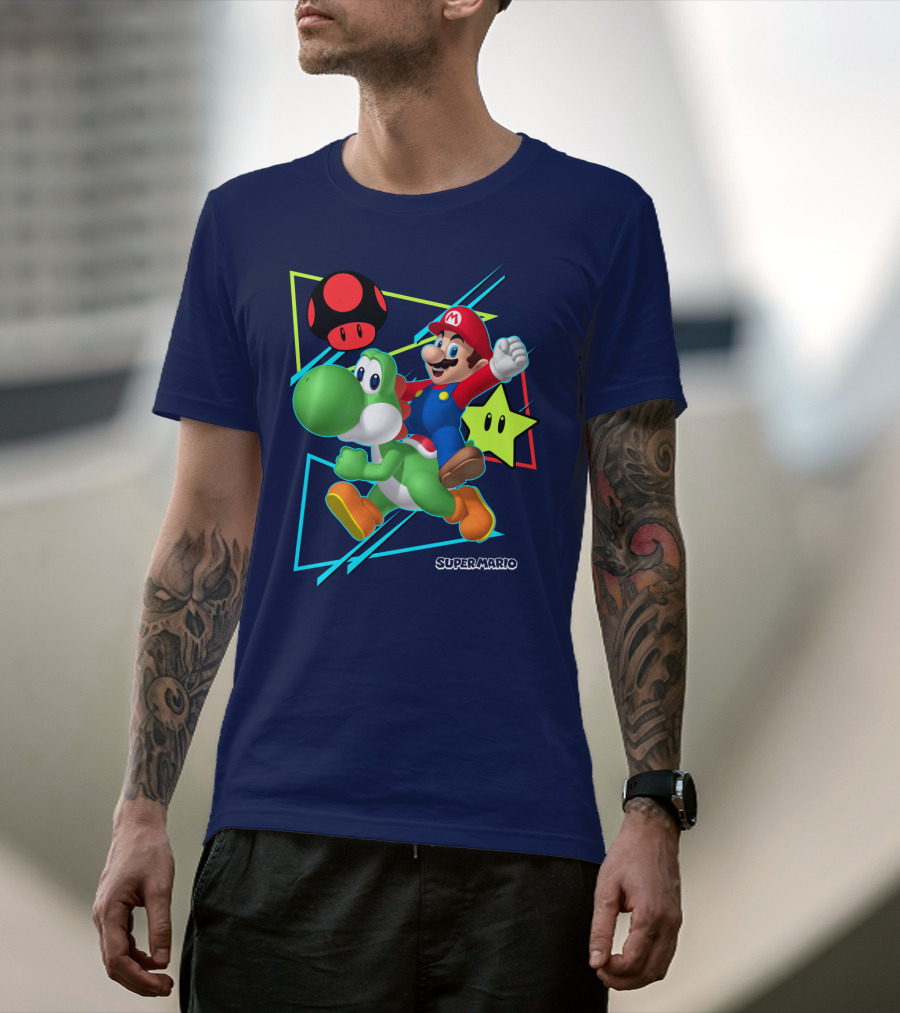 Super Mario Yoshi Adventure With Red Mushroom And Star T-Shirt