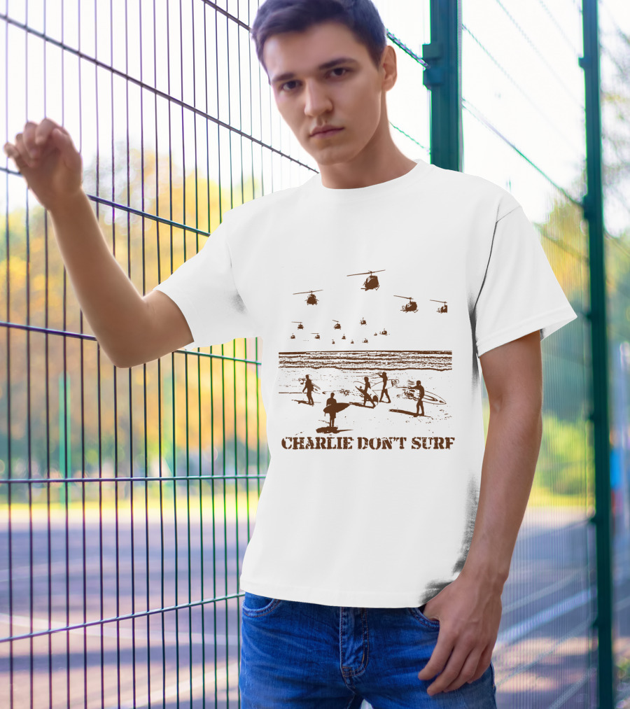 03 Apocalypse Now Charlie Don't Surf Helicopters And Surfers Gold T-Shirt
