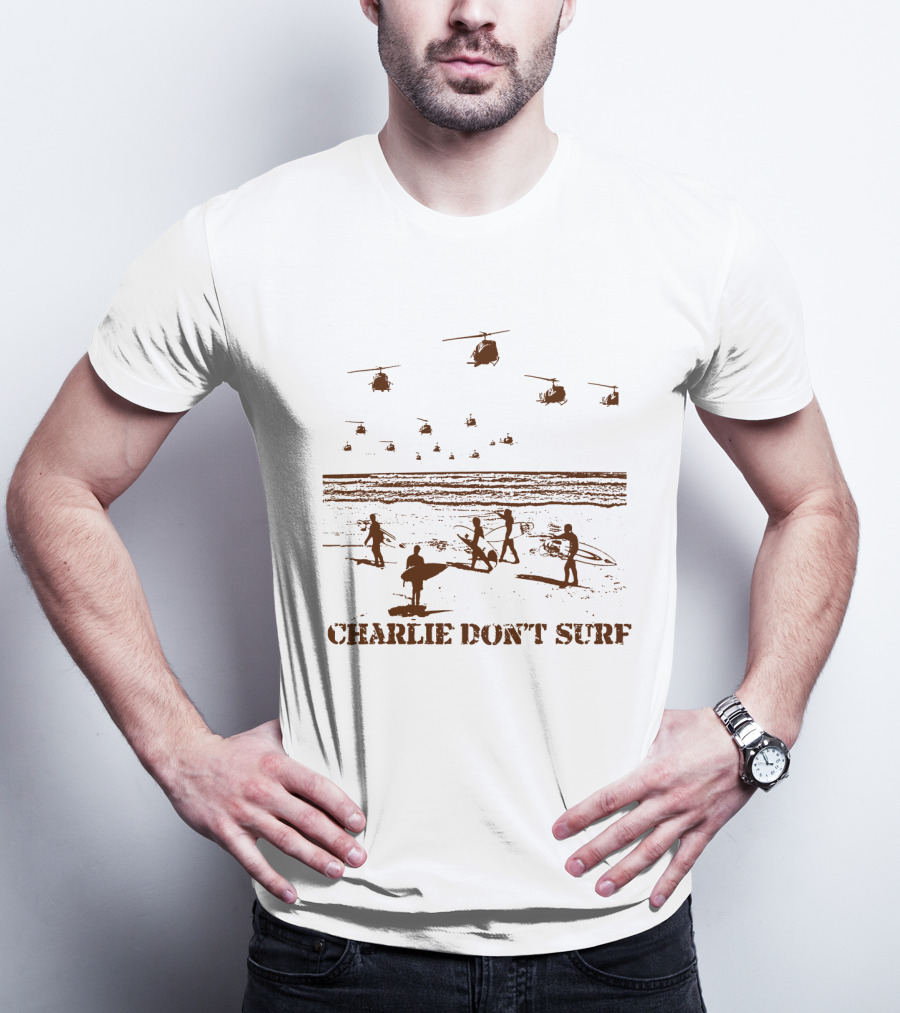 03 Apocalypse Now Charlie Don't Surf Helicopters And Surfers Gold T-Shirt
