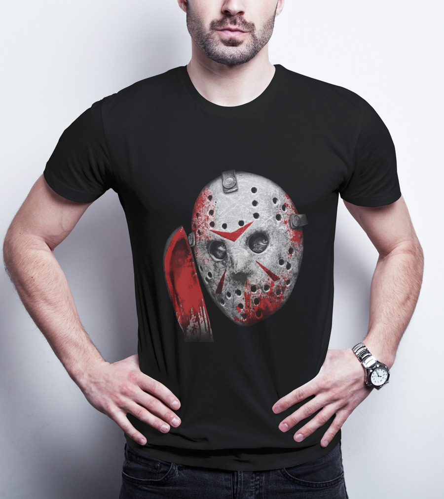 Friday The 13th Movie Jason Voorhees Mask With Bloody Machete Face T-Shirt