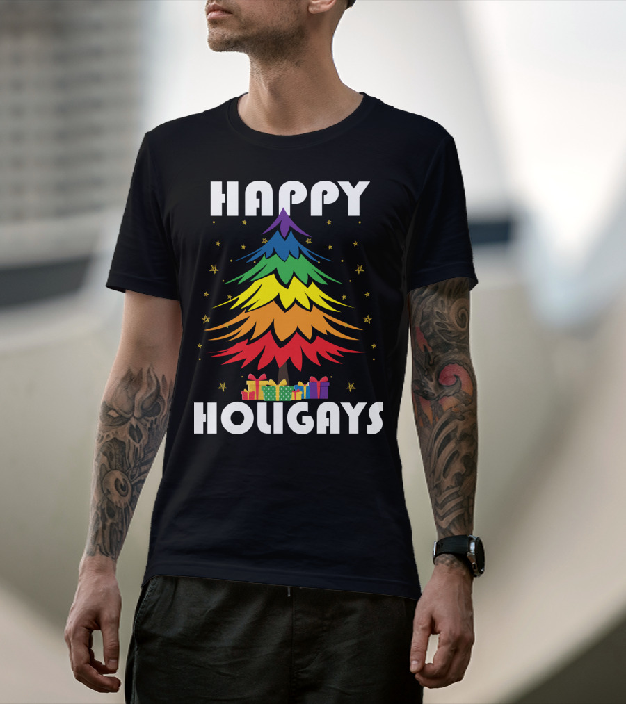 Happy Holigays Rainbow Christmas Tree And Presents T-Shirt