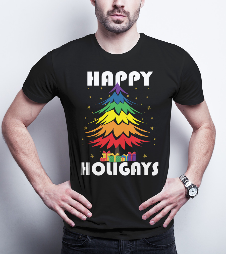 Happy Holigays Rainbow Christmas Tree And Presents T-Shirt