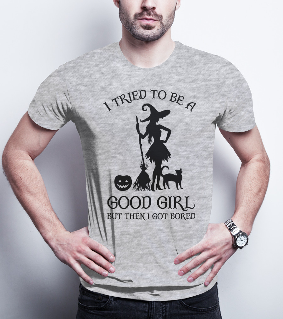 I Tried To Be A Good Girl But Then I Got Bored Witch Cat Pumpkin Broom T-Shirt