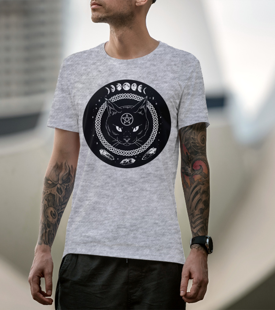 Cat Moon Magic Pentacle Phases Crystals Lunar Cycle T-Shirt