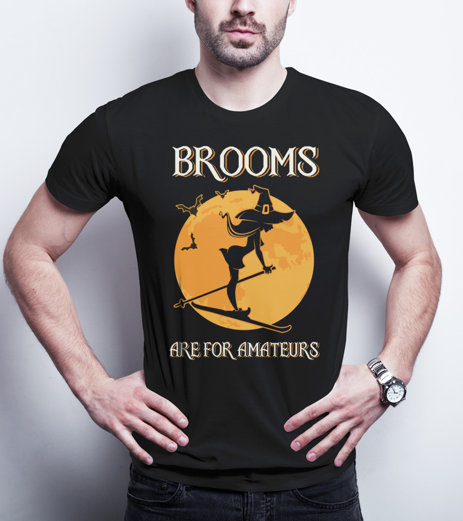 Brooms Are For Amateurs Witch Skiing Silhouette Halloween Moon T-Shirt