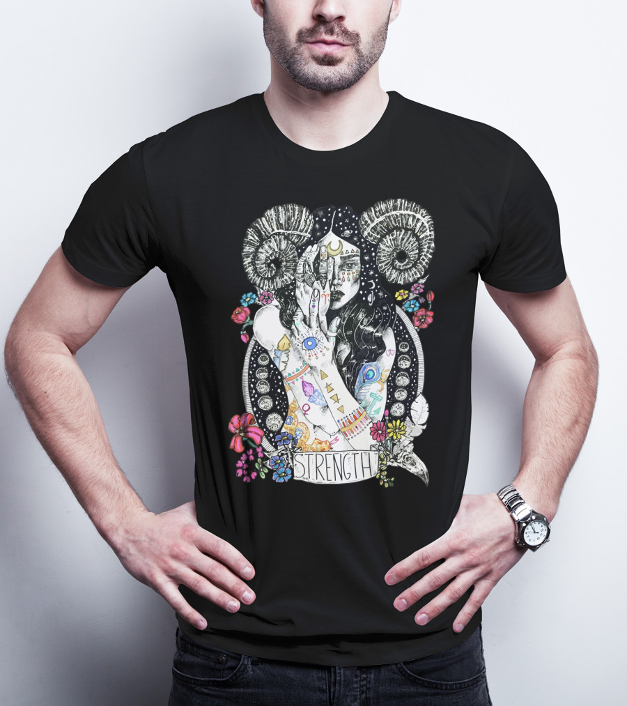 Strength Zodiac Goddess With Symbols And Flowers T-Shirt