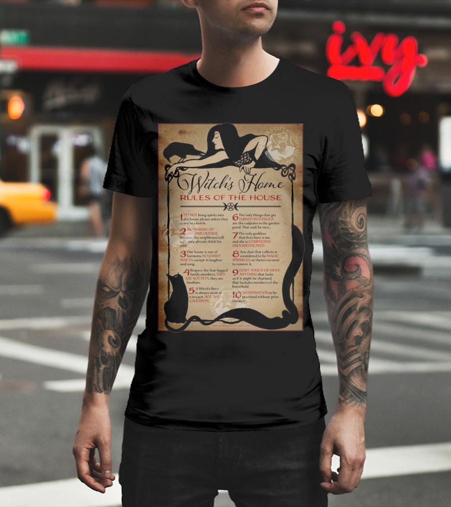 Witch's Home Rules Of The House Guide With Black Cat, Raven, Potion, Magic, And Enchanting Text Elements T-Shirt