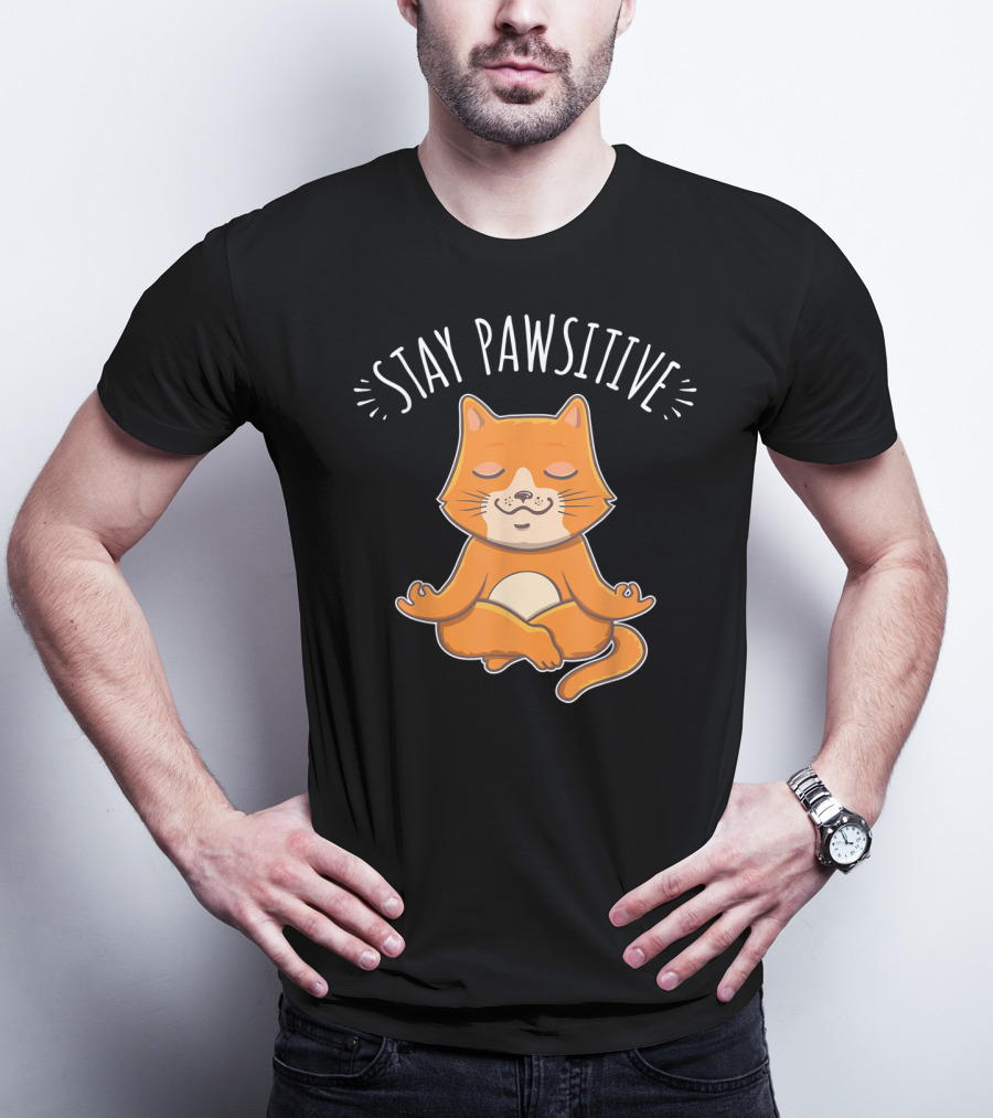 Stay Pawsitive Funny Cat Yoga Meditation T-Shirt