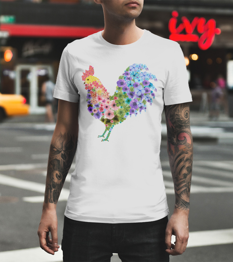 CHICKEN Flower Patterned Rooster With Vibrant Floral Colors T-Shirt
