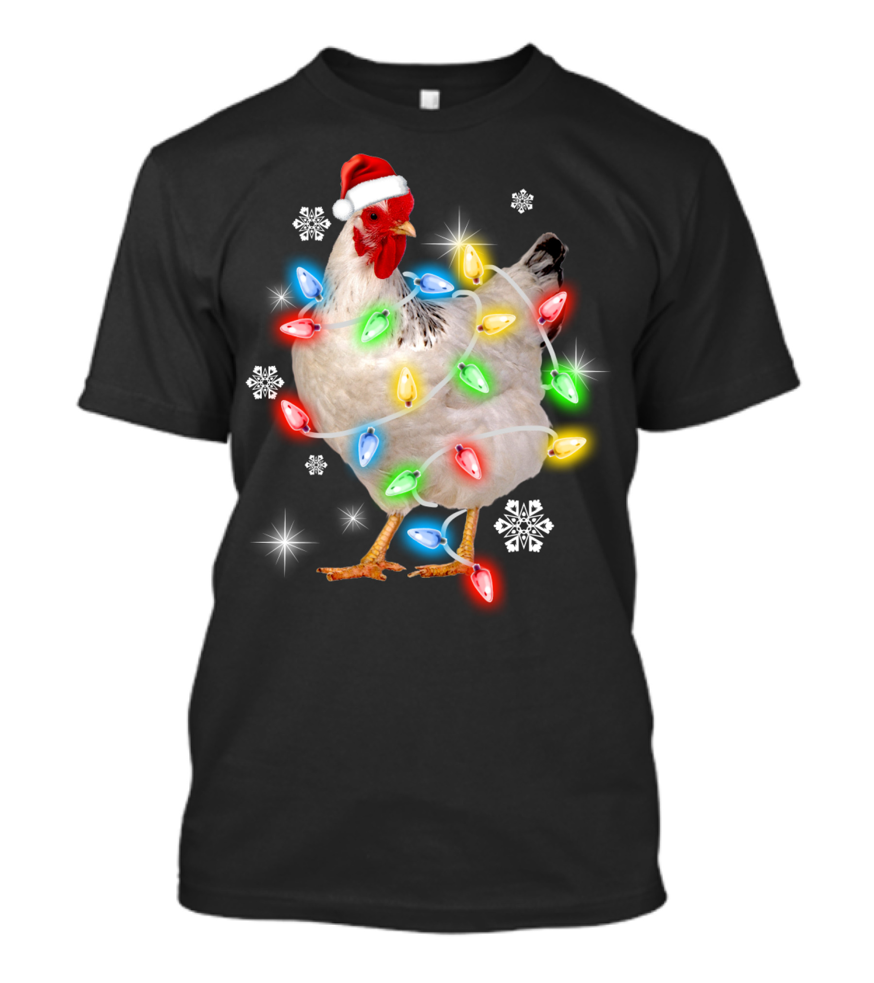 Chicken Noel Christmas Lights Santa Hat Snowflakes T-Shirt