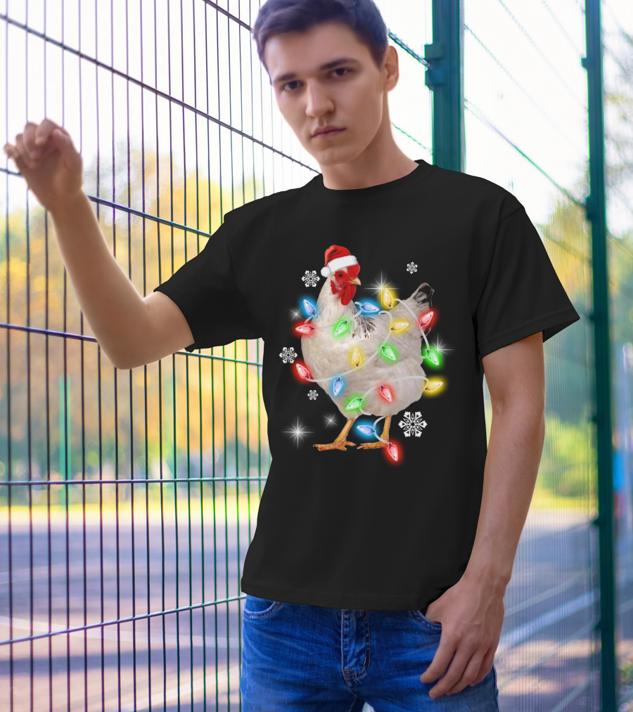 Chicken Noel Christmas Lights Santa Hat Snowflakes T-Shirt