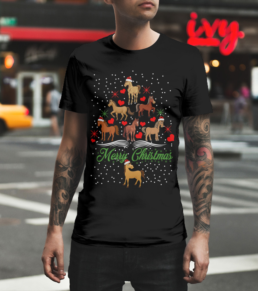 Merry Christmas Horses Santa Hats Hearts Snowflakes T-Shirt