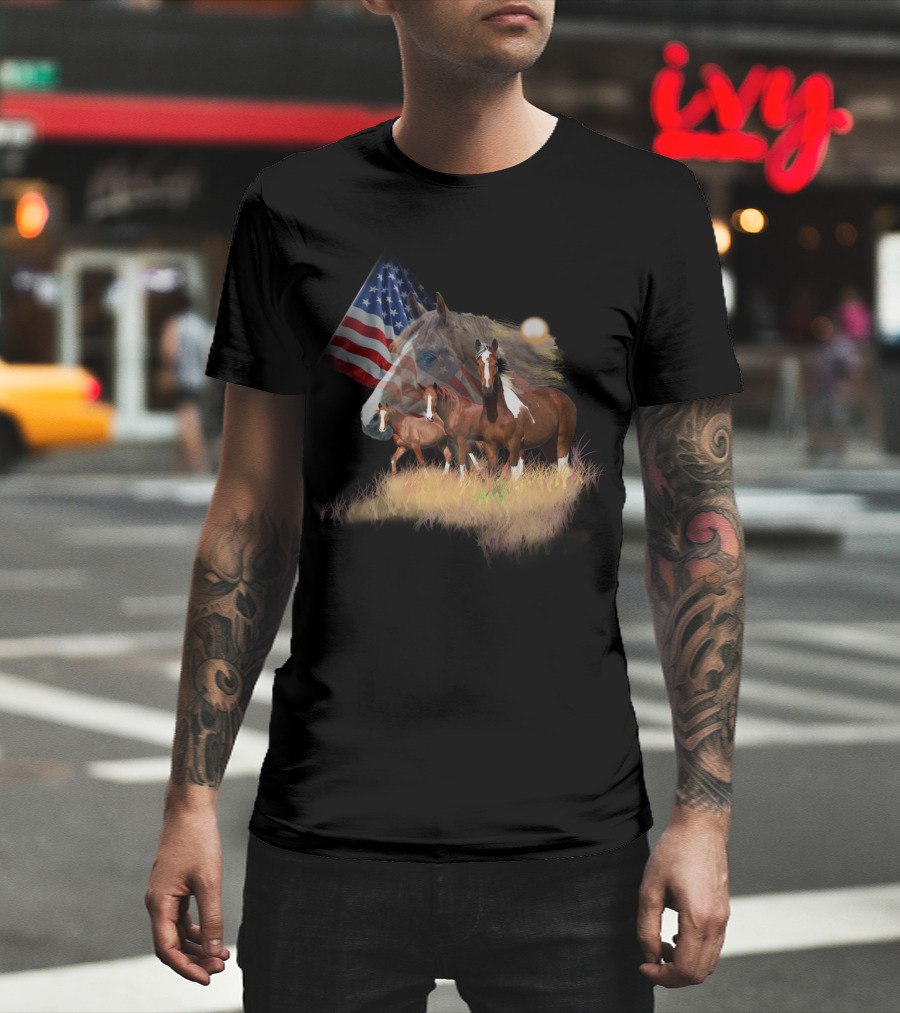 American Flag Majestic Horse Trio T-Shirt