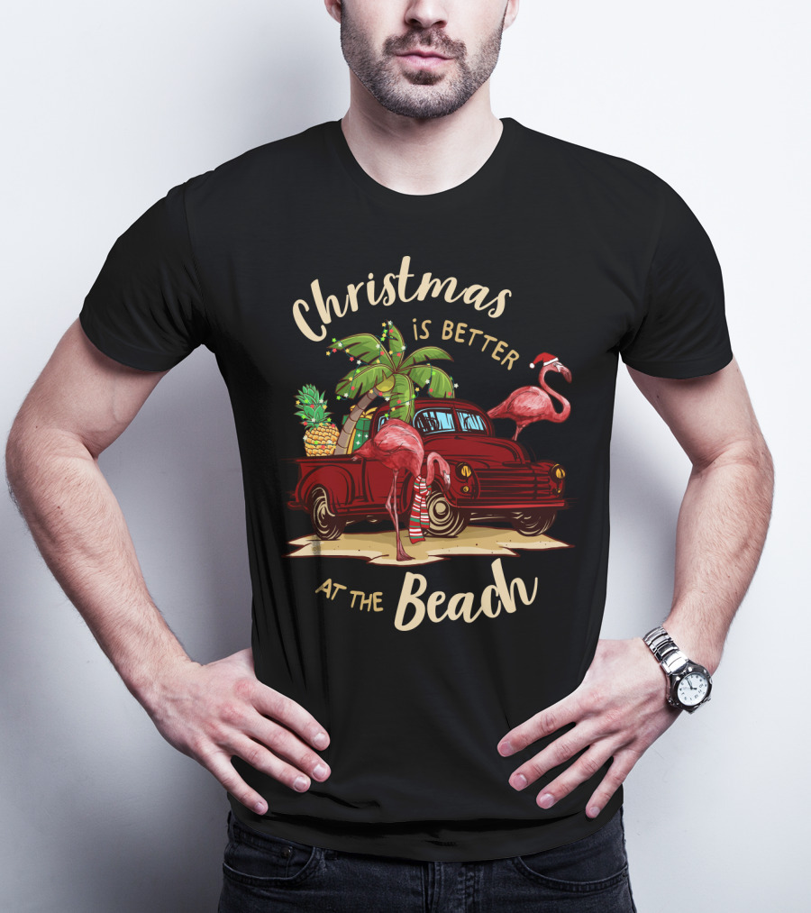 Christmas Is Better At The Beach With Flamingos And Palm Trees T-Shirt