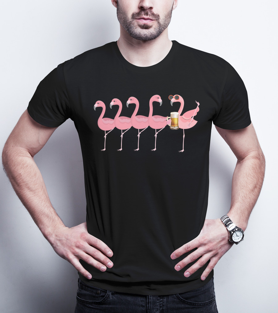 Beer Holding Flamingo With Sunglasses In A Row Of Pink Flamingos T-Shirt