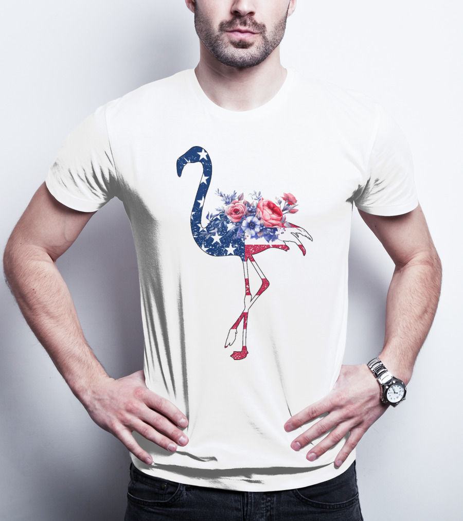 Flamingo American Flag Stars And Stripes With Floral T-Shirt