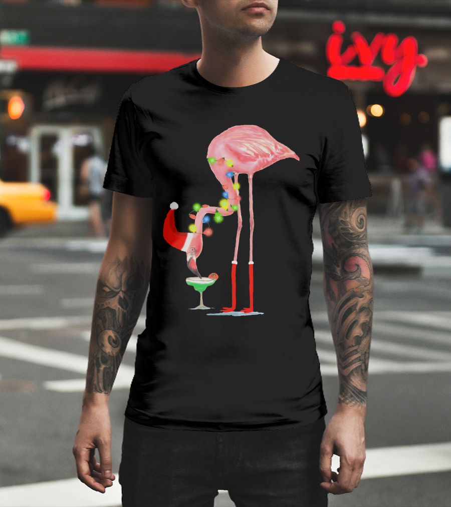 Flamingo Christmas Cocktail Santa Hat And Lights T-Shirt