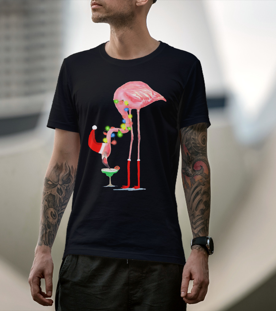 Flamingo Christmas Cocktail Santa Hat And Lights T-Shirt