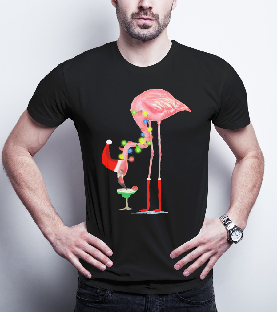 Flamingo Christmas Cocktail Santa Hat And Lights T-Shirt