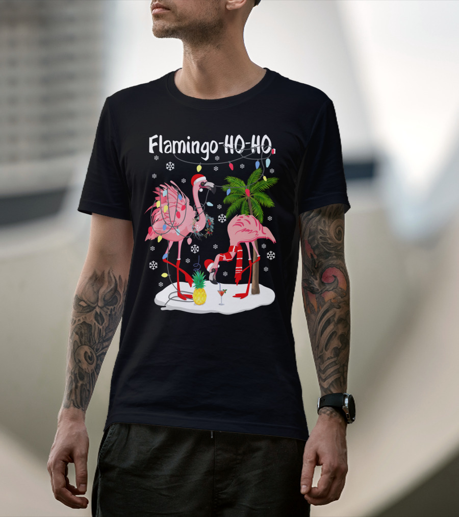 Flamingo HO-HO Christmas Lights And Snowflakes Holiday Scene T-Shirt