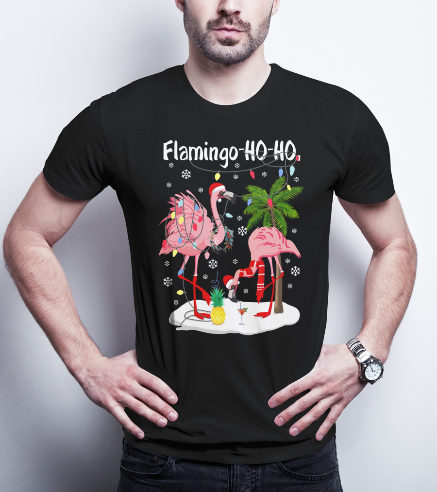 Flamingo HO-HO Christmas Lights And Snowflakes Holiday Scene T-Shirt