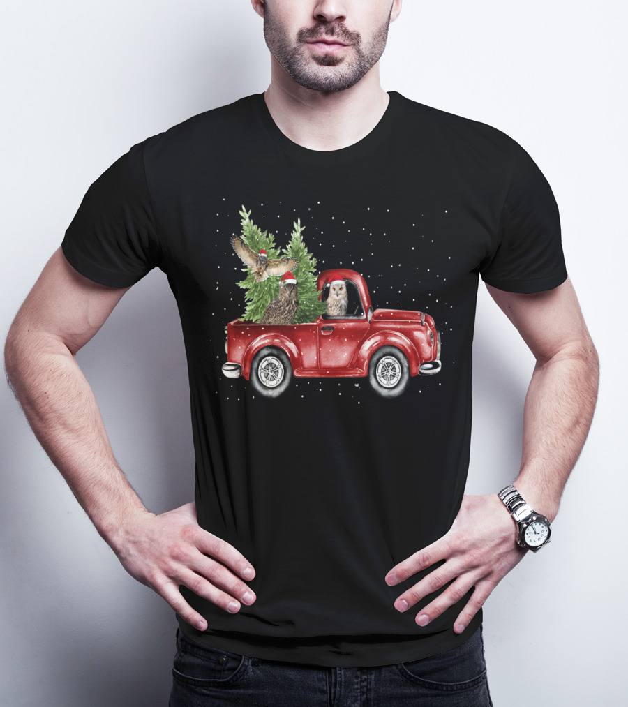 Owl Christmas Red Truck With Santa Hats And Tree T-Shirt