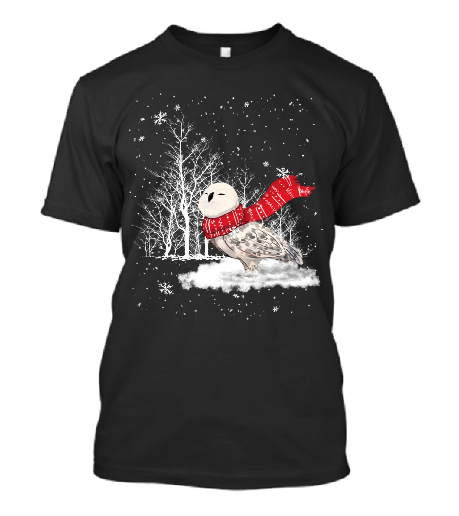 Snowy Owl Red Scarf Winter Scene T-Shirt