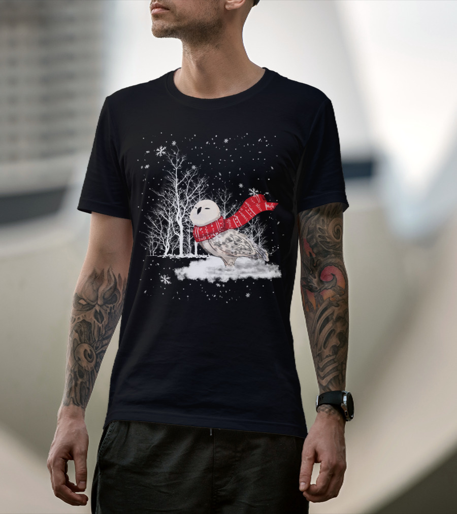 Snowy Owl Red Scarf Winter Scene T-Shirt