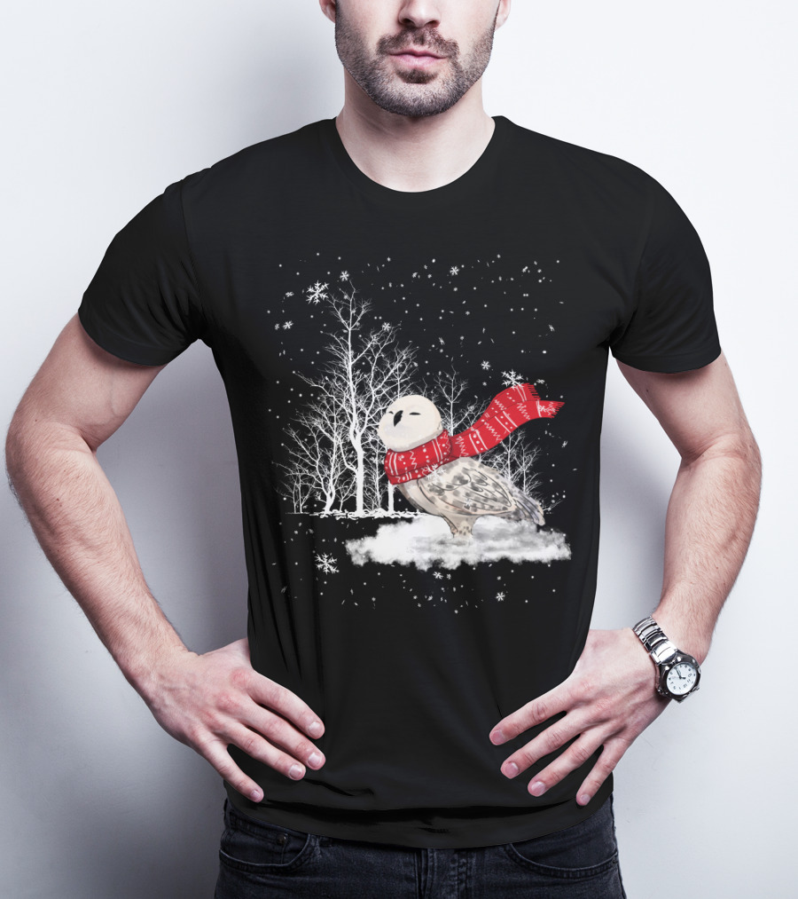 Snowy Owl Red Scarf Winter Scene T-Shirt