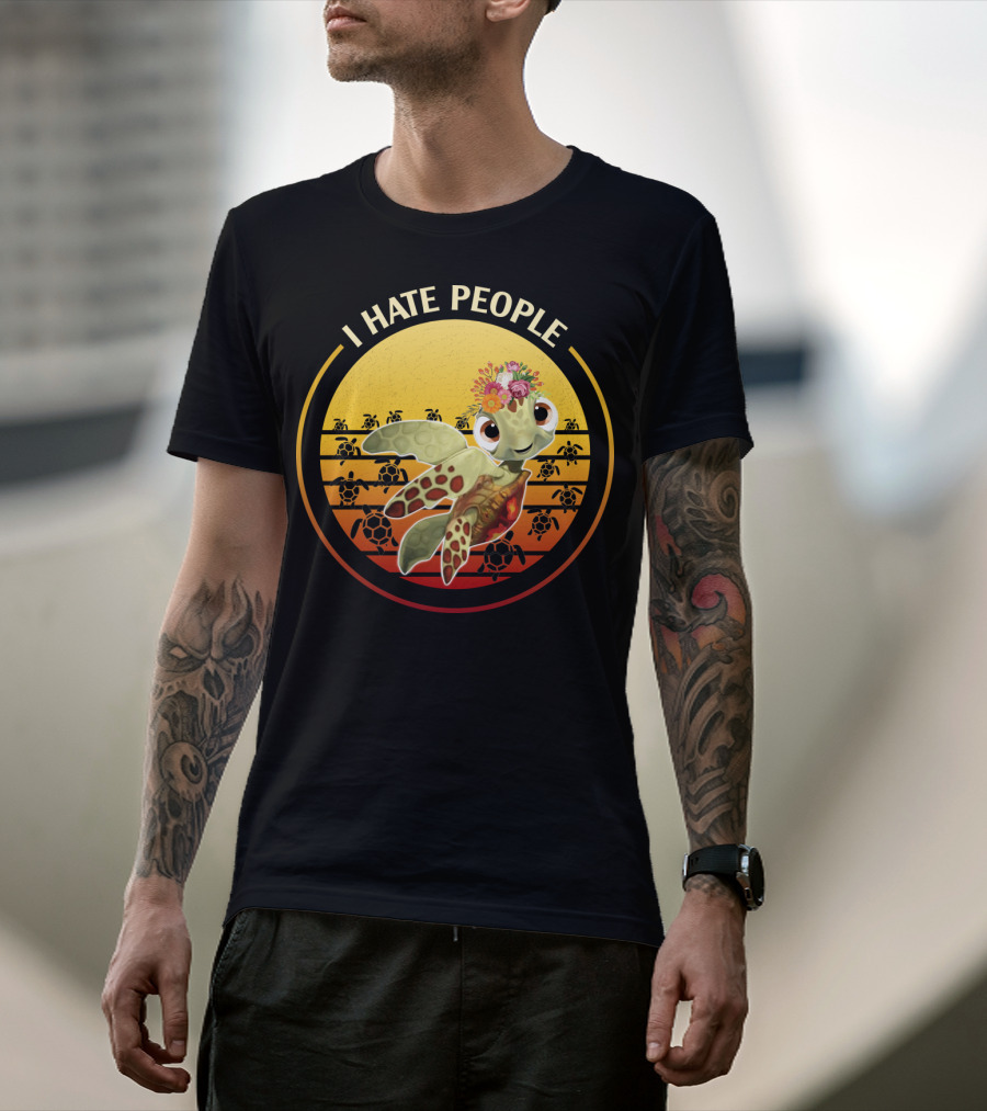 I Hate People Flower Turtle Retro Sunset T-Shirt