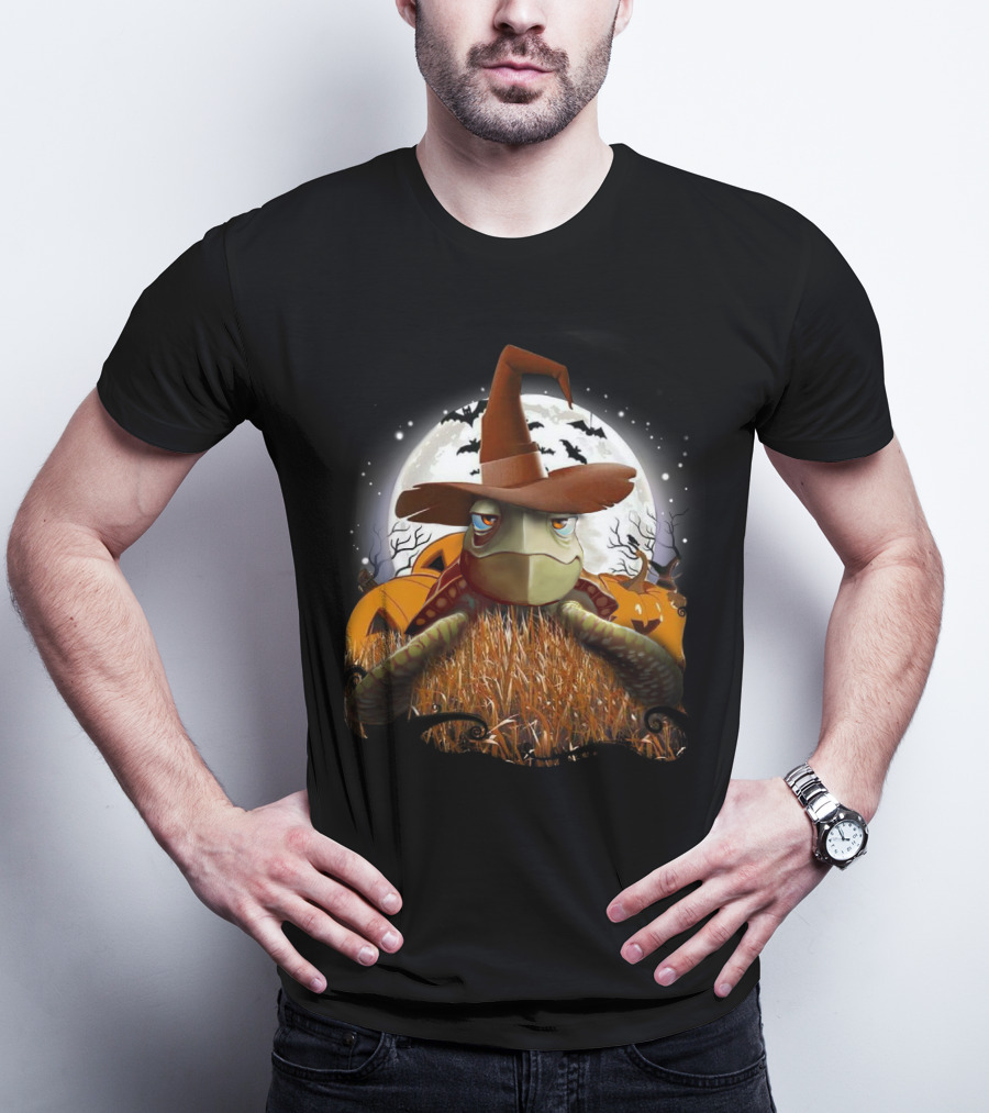 Halloween Turtle In Witch Hat Moonlit Pumpkin Patch T-Shirt