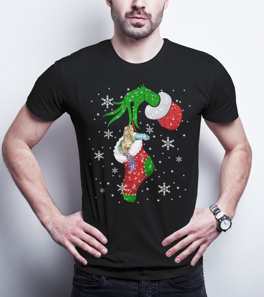 Grinch Christmas Turtle In Glittery Stocking With Snowflakes T-Shirt
