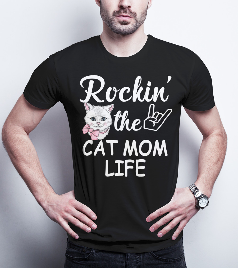 Rockin' The Cat Mom Life With Rock Hand And Pink Bow Cat T-Shirt