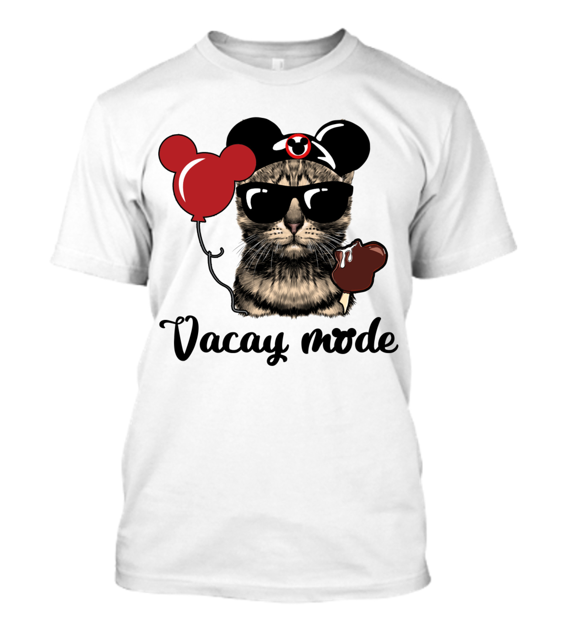 Vacay Mode Cat With Mouse Ears, Balloon, Sunglasses, Chocolate For Fans T-Shirt