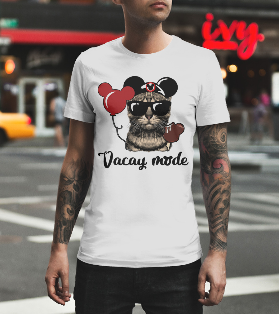 Vacay Mode Cat With Mouse Ears, Balloon, Sunglasses, Chocolate For Fans T-Shirt