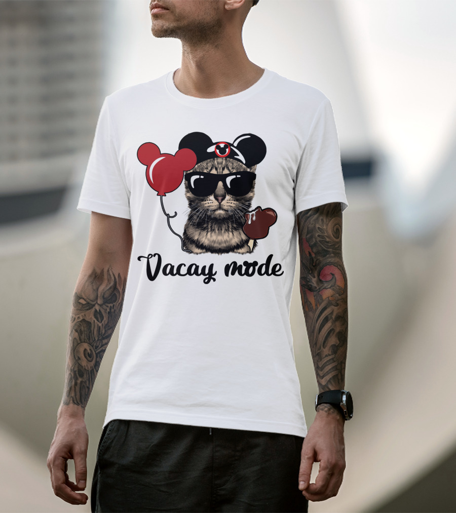 Vacay Mode Cat With Mouse Ears, Balloon, Sunglasses, Chocolate For Fans T-Shirt