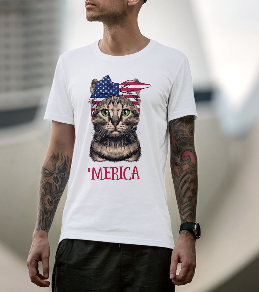 Cat With American Flag Bandana 'Merica T-Shirt
