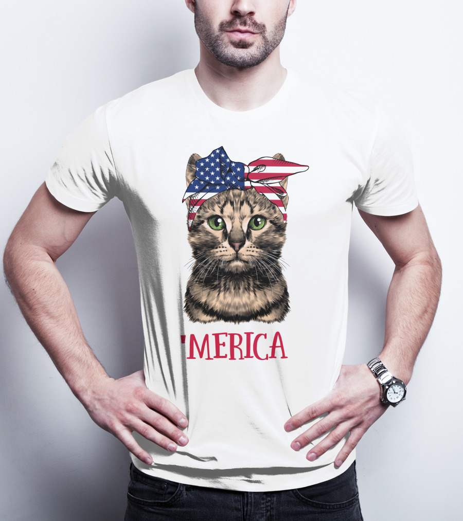 Cat With American Flag Bandana 'Merica T-Shirt