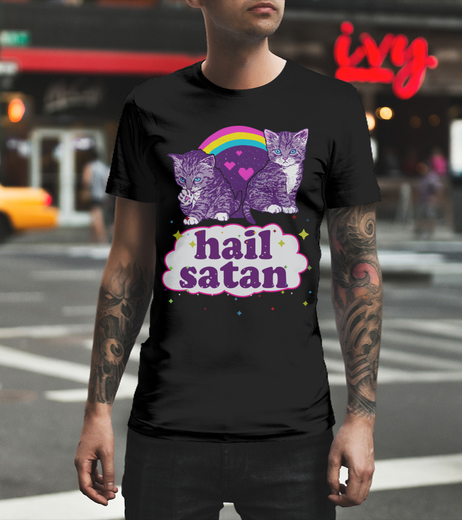Hail Satan Cats With Rainbow And Hearts T-Shirt
