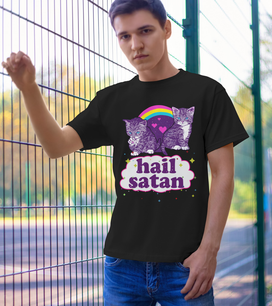 Hail Satan Cats With Rainbow And Hearts T-Shirt