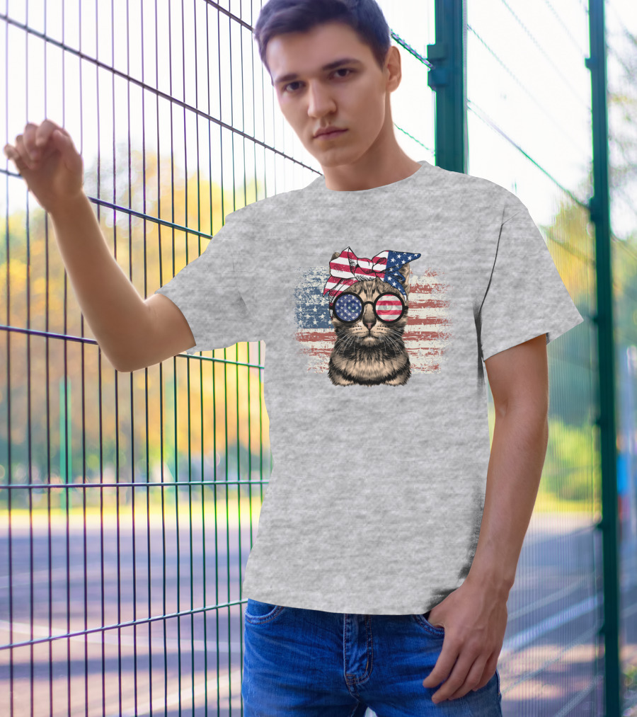 Cat American Flag Glasses Bandana T-Shirt