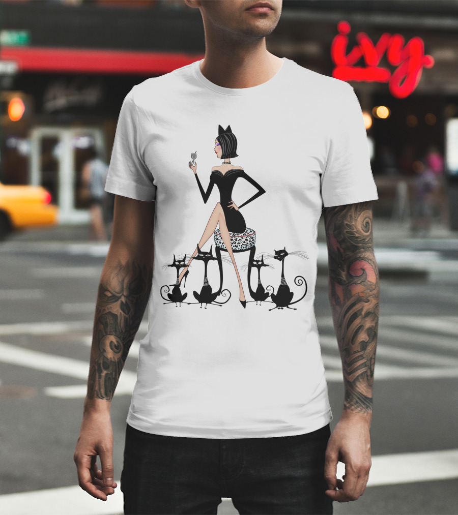 Stylish Cat Lady With Elegant Black Cats And Wine T-Shirt