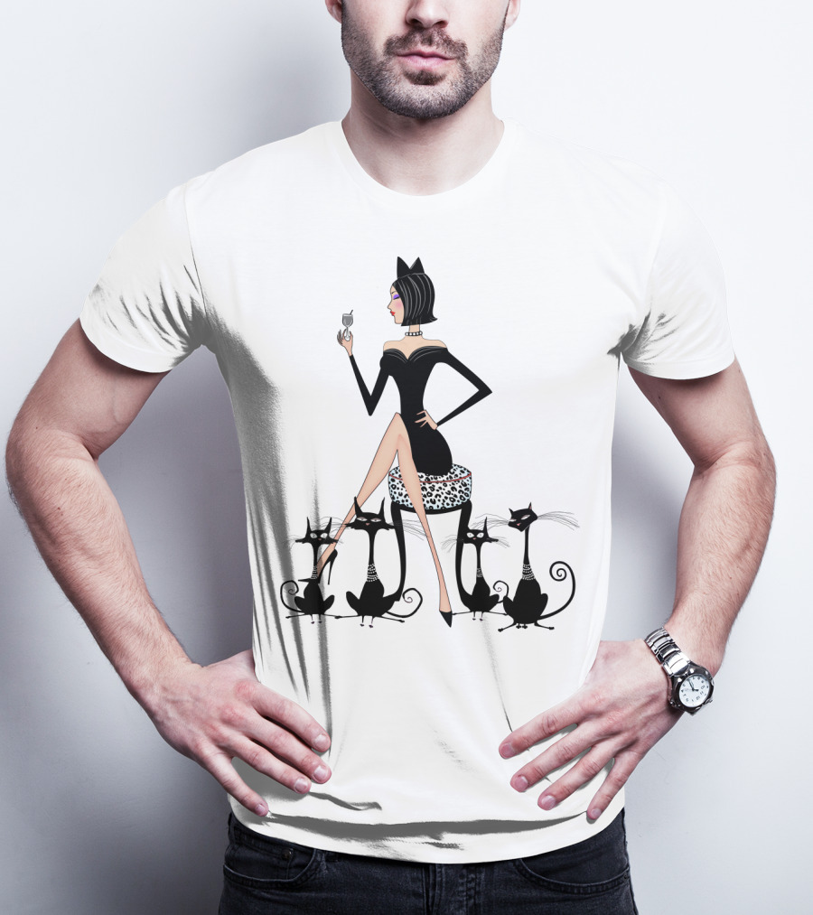 Stylish Cat Lady With Elegant Black Cats And Wine T-Shirt