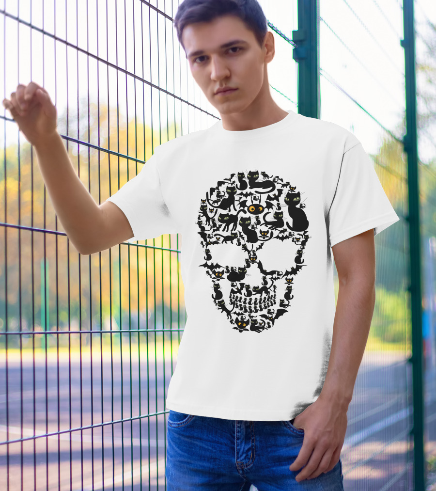 Cat Skull Bat Eyes Halloween Cats T-Shirt