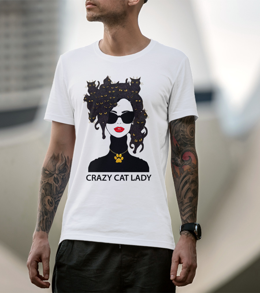 CRAZY CAT LADY Cat Afro Sunglasses Red Lips Golden Paw Necklace T-Shirt