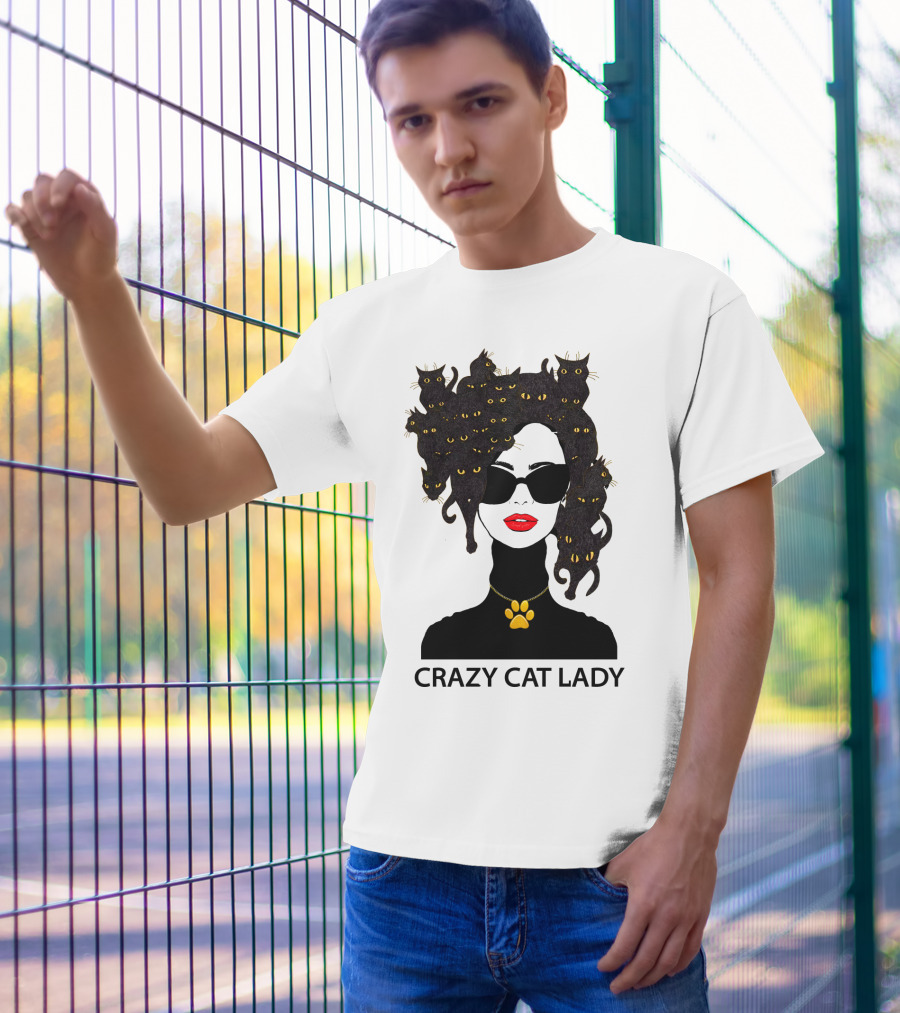 CRAZY CAT LADY Cat Afro Sunglasses Red Lips Golden Paw Necklace T-Shirt